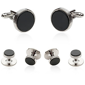 Mens Black Tuxedo Cufflinks and Studs Formal Set in Onyx and Silver with Travel Presentation Gift Box Men Cufflinks for Wedding Groomsmen Jewelry - Cufflinks and Studs Men Tuxedo