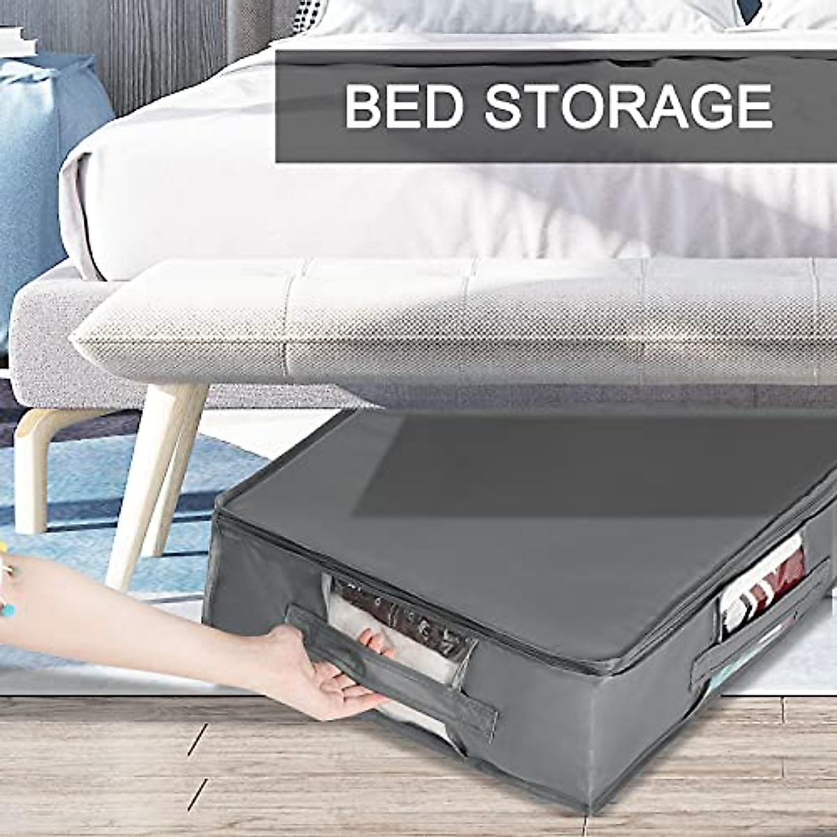 NUZYZ Large Underbed Storage Bags Organizer Capacity Box with Sturdy Zippers Clothes organizer Reinforced Handles and Clear windows for Store Blankets, Bedding, Clothes, Polyester Blend (4Pcs, Light Gray 2Big 2Small)