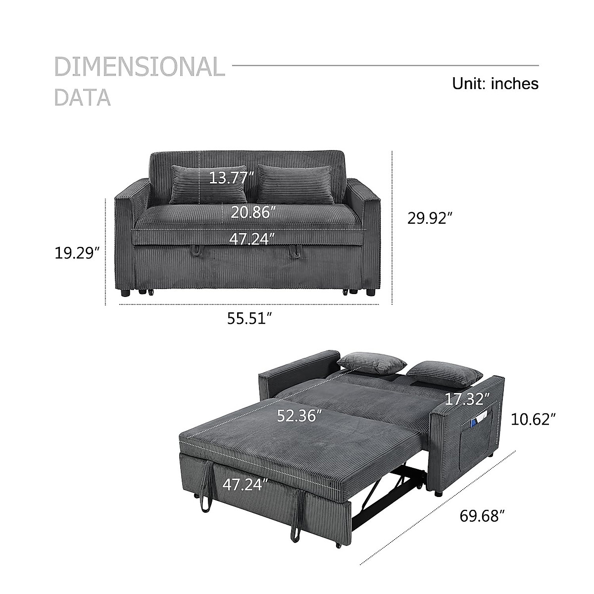 ECHINGLE 55.51" Sleeper Sofa,Corduroy Convertible Sofa Bed,Pull Out Sofa Bed with 3 Level Adjustable Backrest & Storage Pockets and 2 Toss Pillows,Modern Couch Bed for Living Room,Bedroom（Grey）