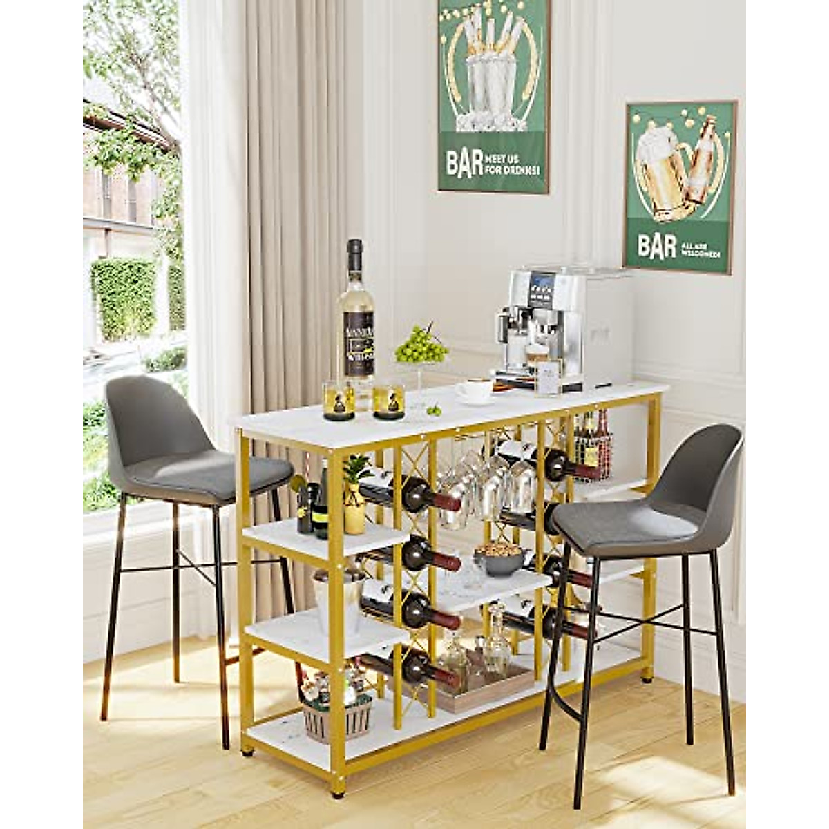 Teraves Modern Wine Rack Table, 47 Inch Wine Baker's Rack with Storage Shelves, 4 Tier Freestanding Wine Rack for Bar, Buffet, Home Kitchen Dining Room Living Room (White Marbling+ Gold Frame)