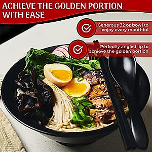 ELLISSIO Ramen Bowl Set - 2 Large Japanese Style Noodle Bowls With 2 Spoons & 2 Sets of Chopsticks For Ramen, Pho and Udon Soup - Black Melamine - Best For Authentic Asian Dining Experience At Home