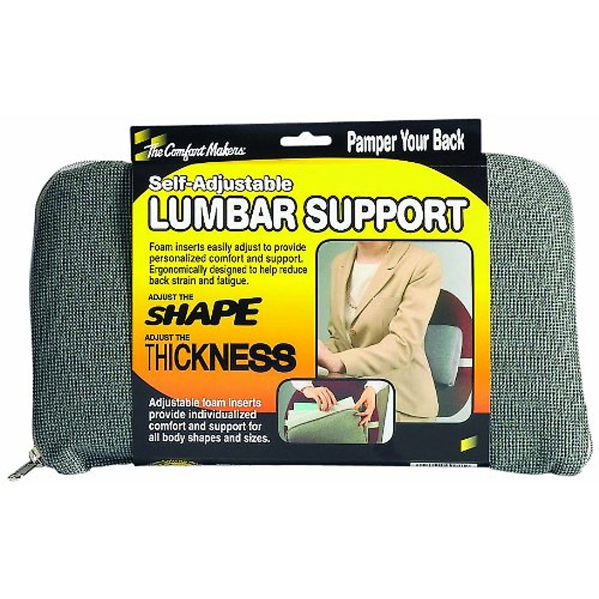 The ComfortMakers Lumbar Support, Universal, Self-Adjustable, Ergonomic Back Support, Office, Car, Airplane, Made in the USA, Washable, Gray (92041)