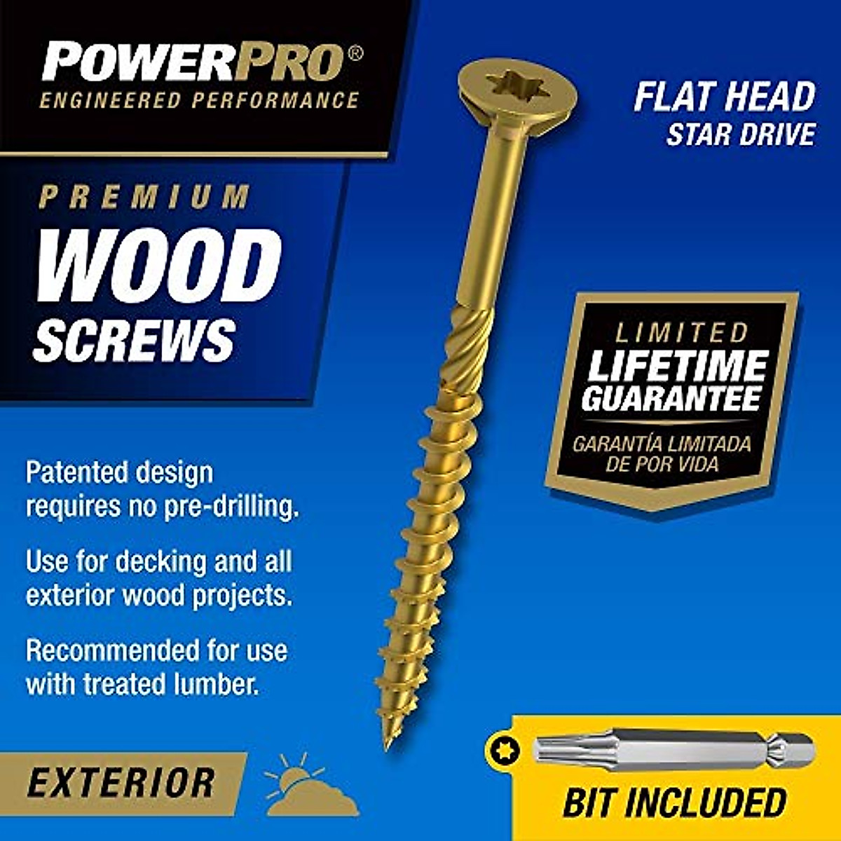 Power Pro 48605 Wood Screws, #8 x 1-1/4", Premium Outdoor Deck Screws, Rust Resistant, Epoxy Coated Bronze, 5lb Tub, 1215 pcs