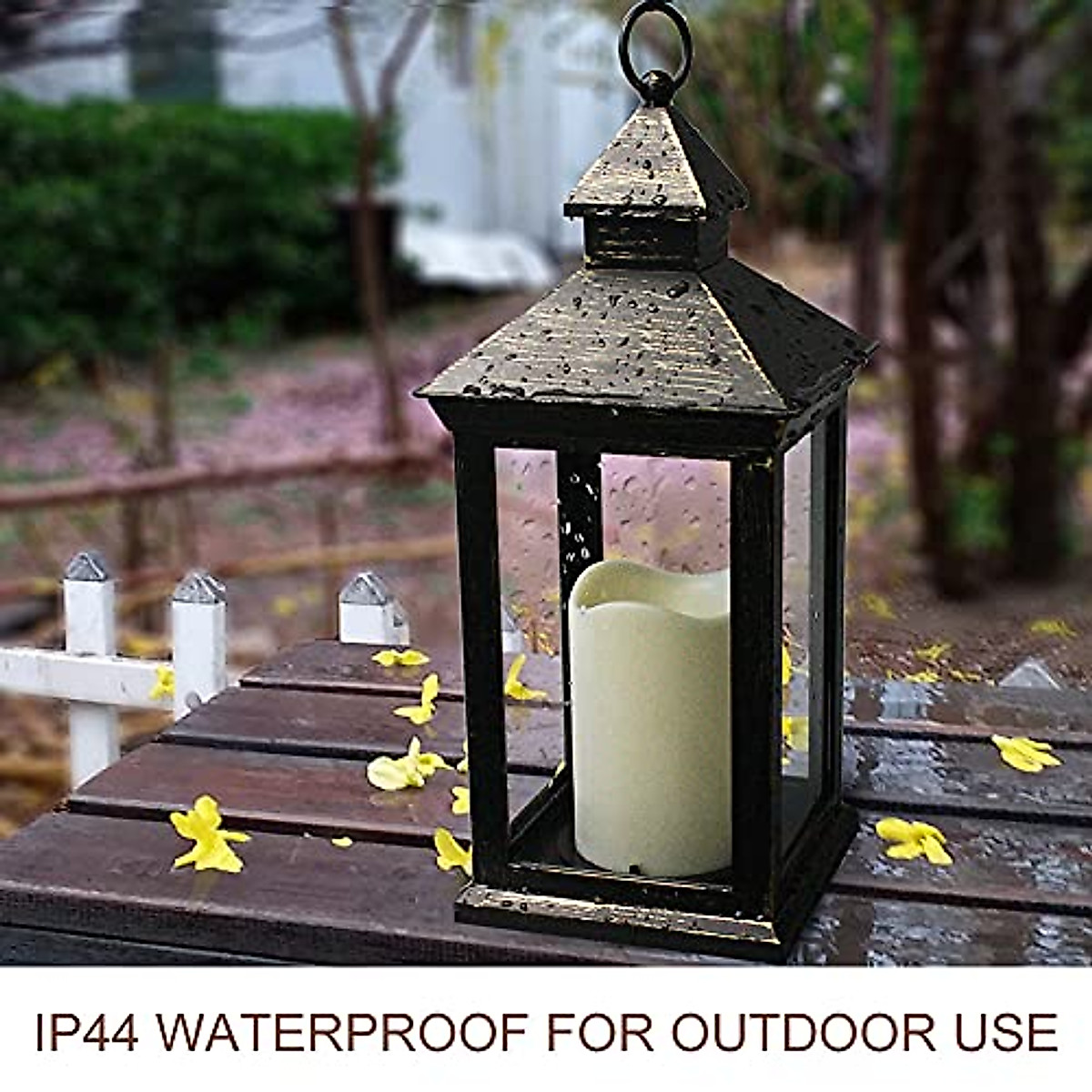 Bright Zeal 2-Pack 14" Distressed Gold Waterproof Outdoor Lanterns with LED Candles - Outdoor Battery Operated Hanging Lanterns with Timer - Candle Lanterns Decorative Indoor LED Candle Lantern Set