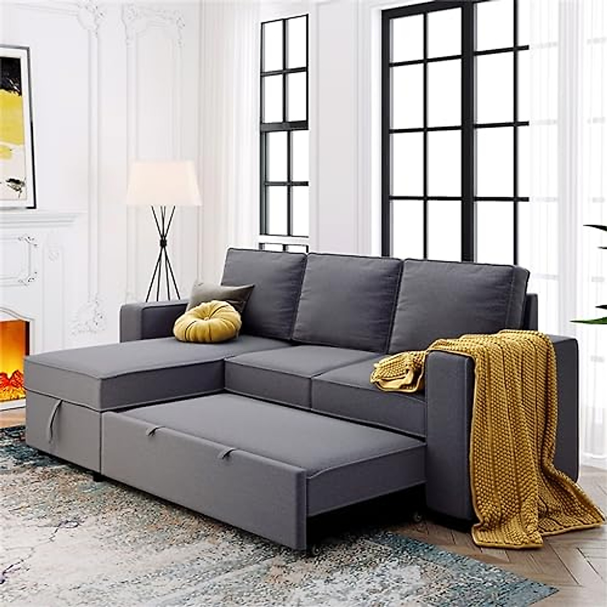 DOUBAO 91" Reversible Pull Out Sleeper Sectional Storage Sofa Bed,Corner Sofa-Bed with Storage Chaise Left/Right Handed Chaise
