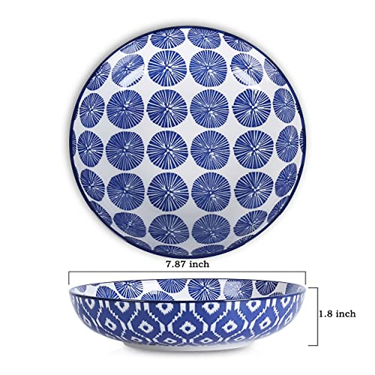 Selamica Porcelain 26 Ounce Pasta Bowls Set of 6, 8 inch Wide and Shallow Salad Bowls, Serving Bowls, Microwave & Dishwasher Safe, Sturdy & Stackable, Vintage Blue