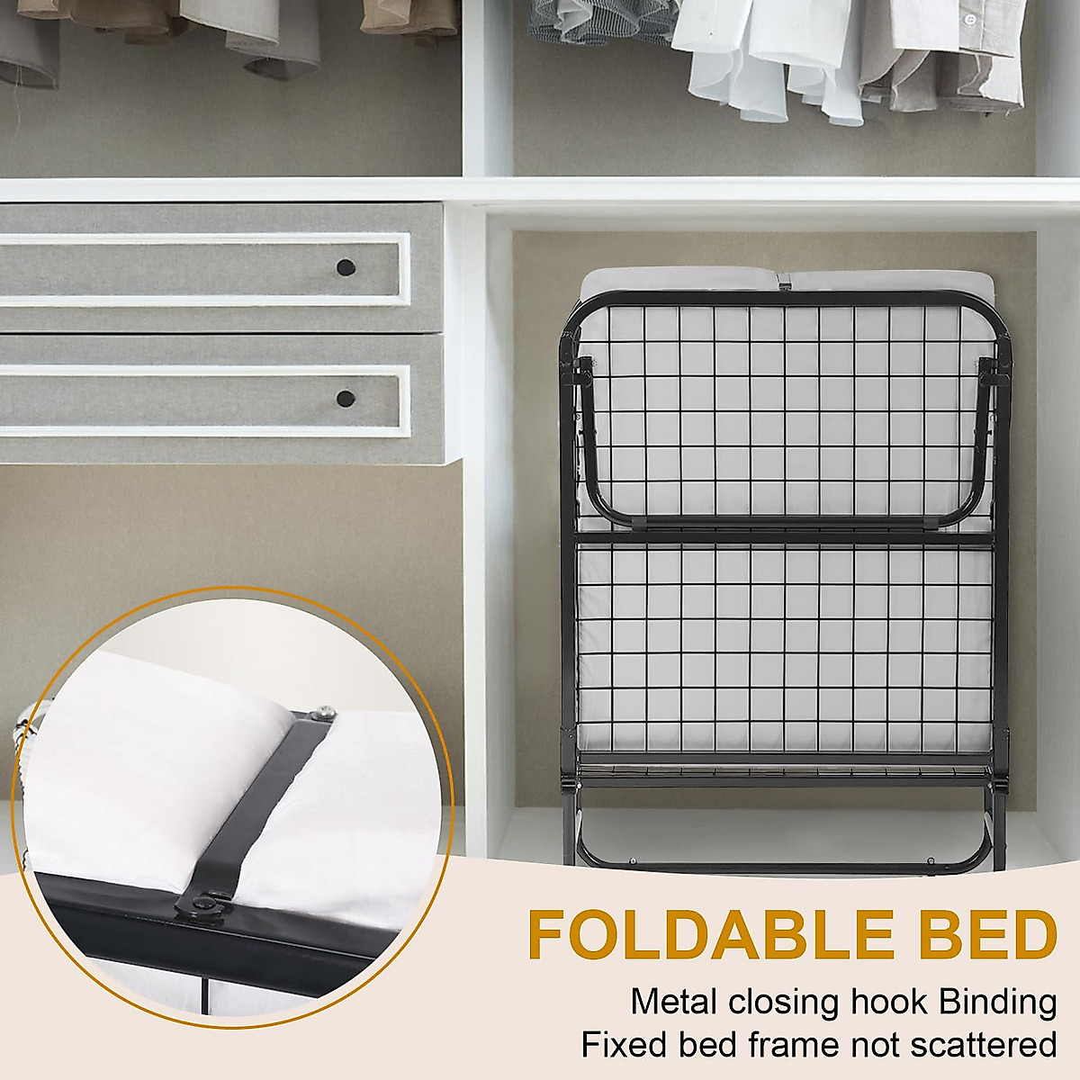 Twin Folding Bed Rollaway Portable Guest Bed Cot Space Saving Bed Frame No Assembly Sturdy Folding Cot with Mattress Wheels for Office Bedroom Guest Camping, White