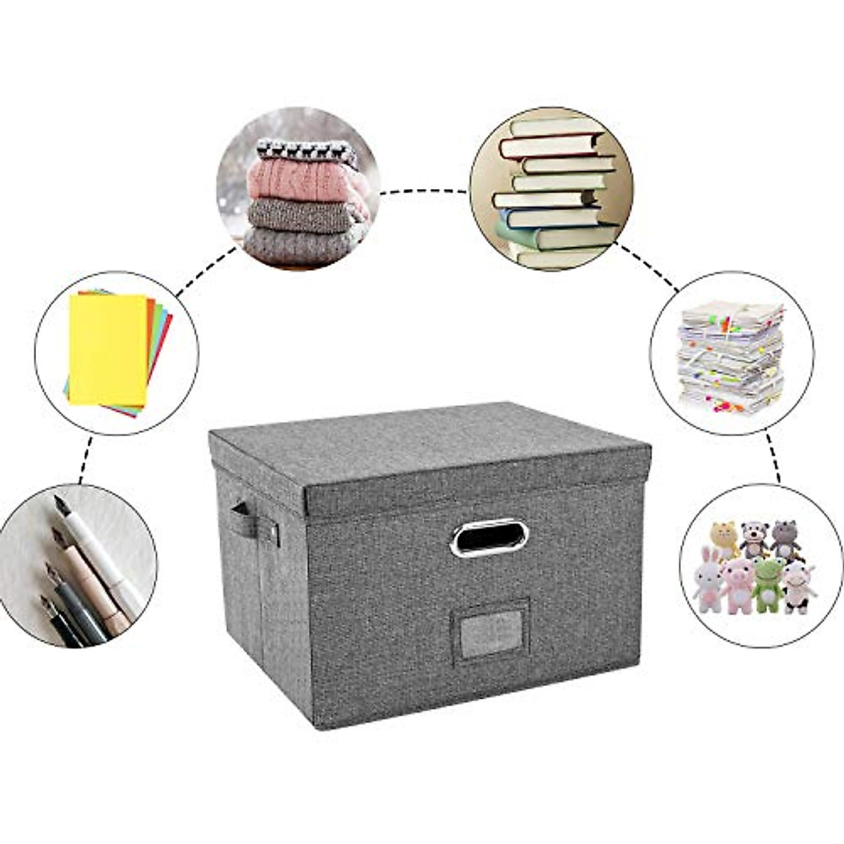 JSungo File Box with 5 Hanging Filing Folders, Document Organizer Storage for Office, Collapsible Linen Storage Box with Lids, Home Portable Storage with Handle, Letter Size Legal Folder, Grey