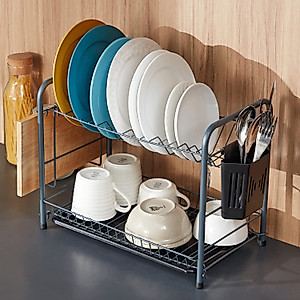 Naturous Dish Rack, 2 Tier Dish Drying Rack Kitchen Organizer with Drain Board, Utensil Holder, Cutting Board Holder, Gray