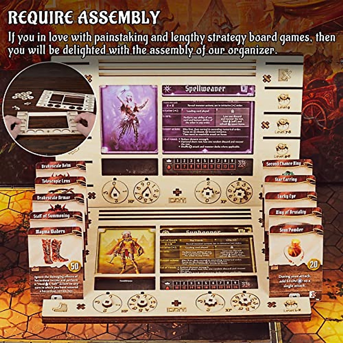 Gloomhaven/Frosthaven Player Character Dashboard with HP & XP Dial Trackers Set of 2 Birch Plywood Hero Organizer for Saving Your Table Space