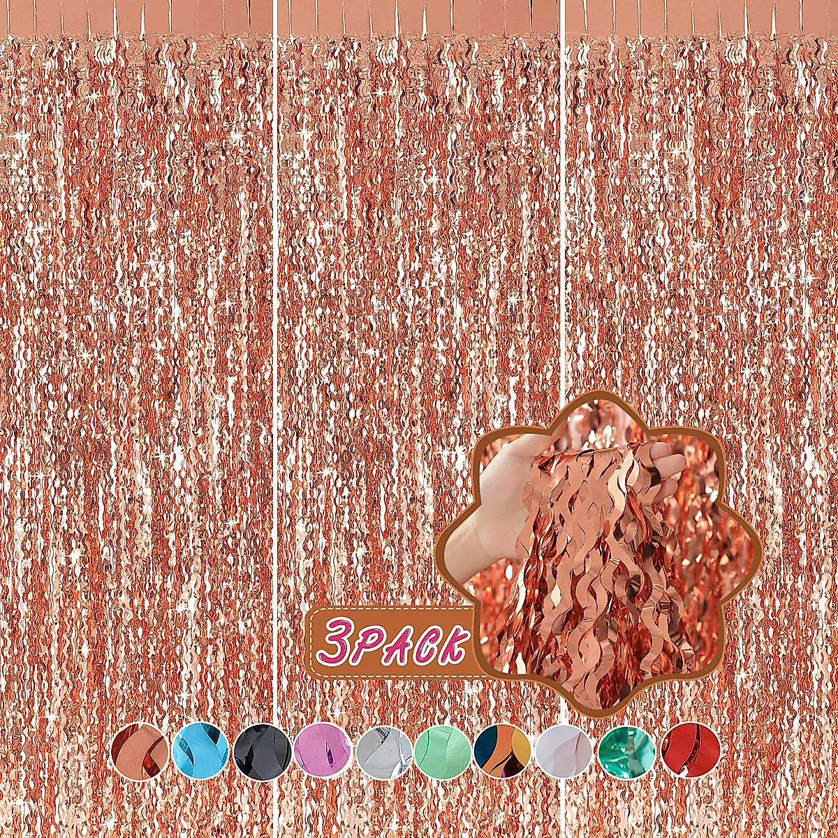 CYLMFC Wavy Fringe Curtain - Rose Gold, 3.3 ft x 6.6 Feet, Pack of 3 | Party Decorations, Streamers for Birthday Backdrop