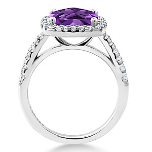 Gem Stone King 925 Sterling Silver Purple Amethyst and White Created Sapphire Engagement Ring For Women (2.60 Cttw, 8MM Cushion Cut, Gemstone Birthstone, Available in size 5, 6, 7, 8, 9)