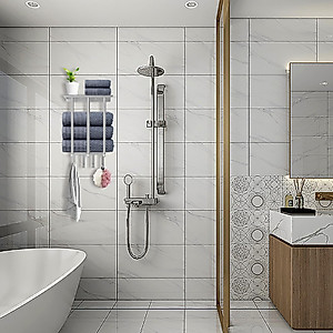 Bathroom Towel Rack with 4 Hooks - Wall Mount Towel Holder for Bathroom with Metal Shelf, Ideal Bathroom Storage Organizer and Decor（Grey）