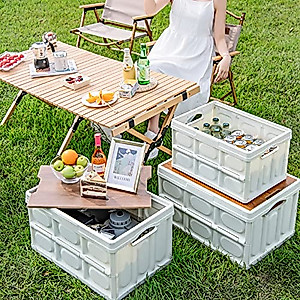 submatches 56 Quart Plastic Storage Tote, Collapsible Storage Bin with Wooden Lid, Tough Plastic Storage Container with Waterproof Bag, Foldable&Stackable Storage Crate for Car, Toys, Camping, Picnic