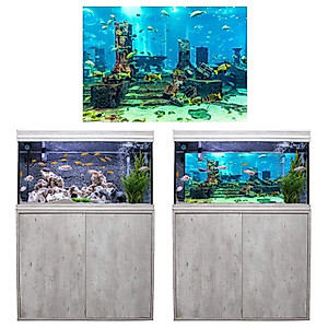 Aquarium Poster, Underwater City Ruins Background Sticker Thicken PVC Adhesive Backdrop Fish Decorative Paper(61×41cm)