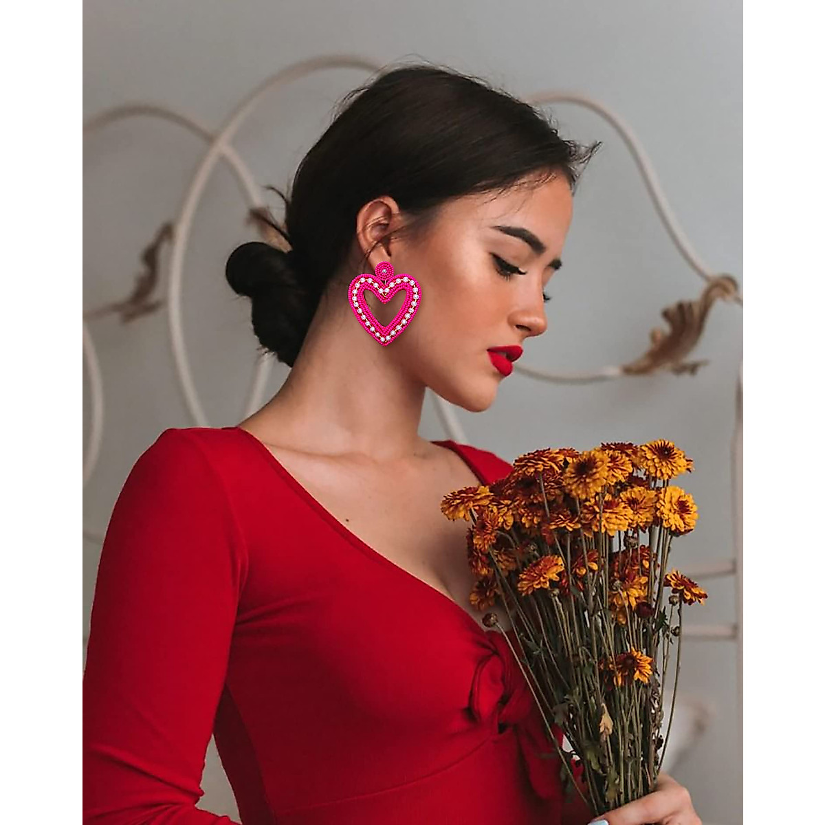 Valentines Heart Earrings Handmade Pearls Embellished Love Heart Beaded Earrings Fashion Trendy lightweight acrylic double heart Dangle Earrings for Women Valentine’s Dating Jewelry