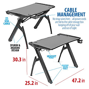 Deco Gear Ultrawide Curved LED Computer Gaming/Office Desk, Waterproof Carbon-Fiber Surface, Supports up to 175-lbs., 6-Color RGB Lighting Accents, Cable Management, Cup Holder, 31.5" Mouse Pad