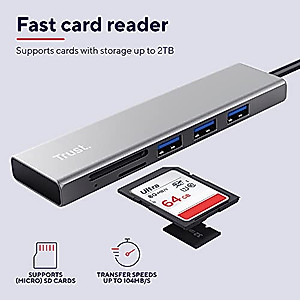 Trust 24191 Halyx Fast USB-C Hub and Card Reader, 3 Extra Ports, 5Gbps with USB 3.2 Gen 1, SD and Micro-SD Card Reader 104 MB/s, (Micro) SD, SDHC and SDXC up to 2 TB