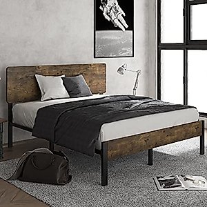 HOOMIC Full Size Platform Bed Frame with Wooden Headboard and Footboard, Rustic Country Style Mattress Foundation, Metal Slats, No Box Spring Needed, Easy Assembly, Noise Free, Black&Brown