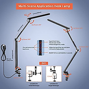 Reifeiniwei LED Desk Lamp,Dimmable 10 Color Modes 2700K-7000K & 10 Brightness,Swing Arm Table Light with Clamp,Eye-Caring Clip-on Lamps with Memory Function for Reading Work Study 700LM-Black…