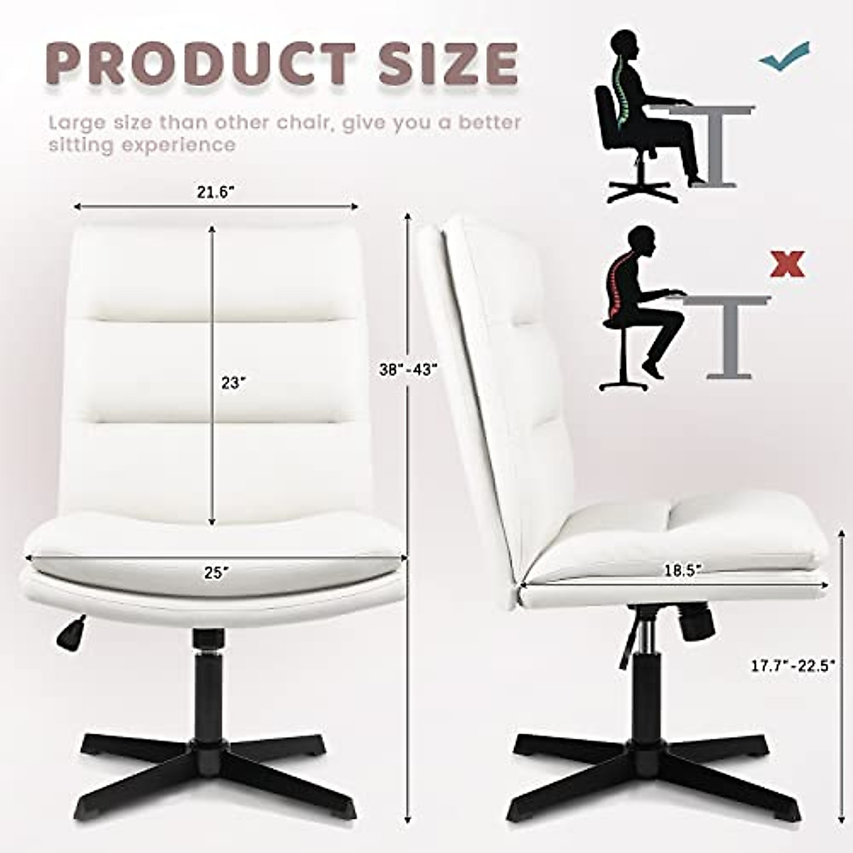 LEMBERI PU-Padded Armless Office Desk Chair No Wheels,High-Back Wide Seat Home Chair,120° Rocking Cross Legged Computer Task Chairs,Modern Adjustable Swivel Vanity Chairs (White)