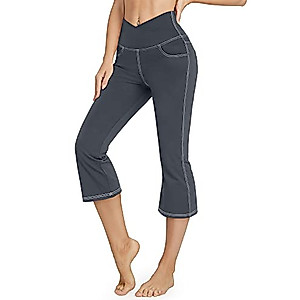 G4Free Flare Capri Pants for Women Cross Waist Bootcut Yoga Crop Pants with 4 Pockets High Waist Bootleg Leggings for Casual Workout (Grey,M)