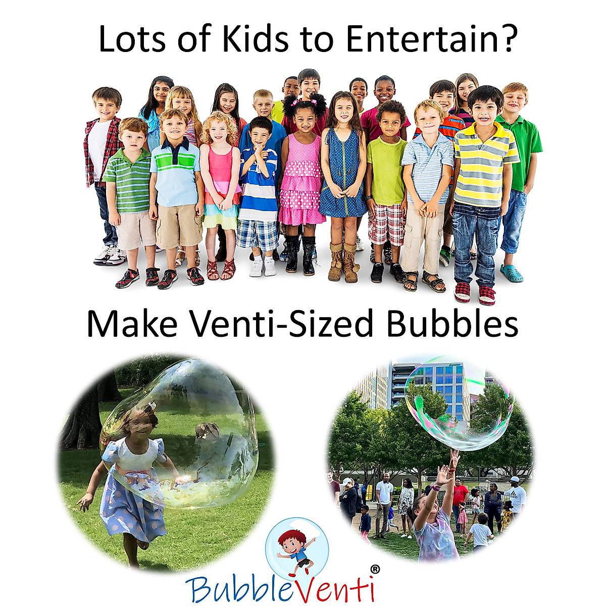 Bubbleventi Giant Bubble Mix | Made in USA |100% Vegan Non-Toxic Powder Makes 10 Gallons of Premium, Big Bubble Solution for kids’ STEM fun | Use in Bubble Wands + Machines
