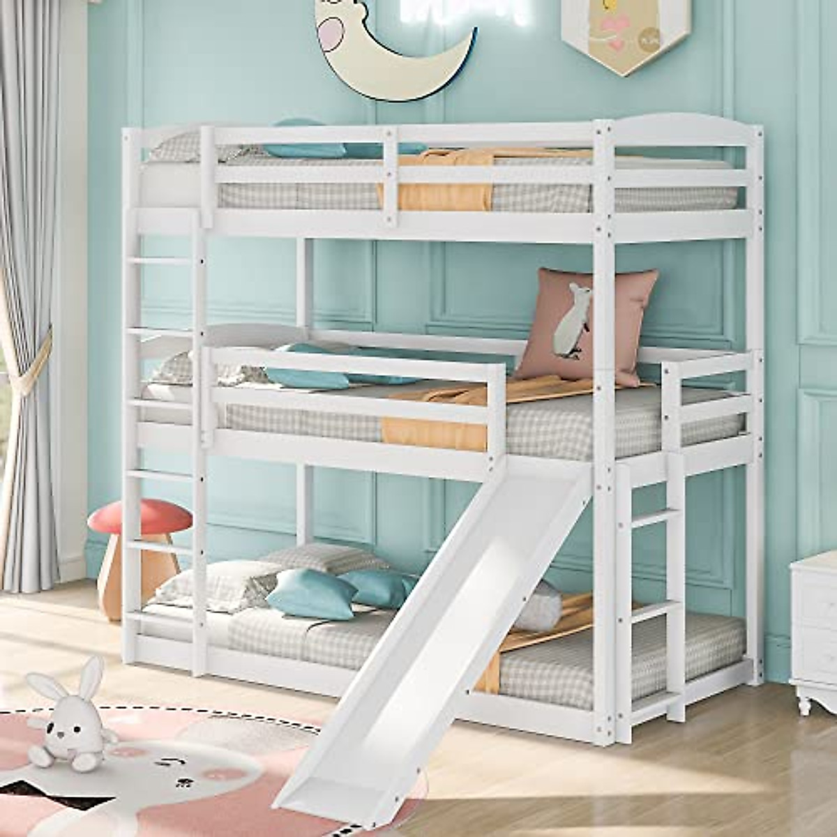 KoiHome Twin Over Twin Over Twin Adjustable Triple Bunk Bed with Slide & Two Ladders, Full-Length Guardrail & Solid Slat Support, Space-Saving for Kids Teens Bedroom, No Box Spring Needed, White