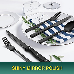 Yoehka 48-Piece Black Silverware Set with Steak Knives,Stainless Steel Black Flatware Cutlery Set for 8, Durable Home Kitchen Eating Tableware Set, Include Fork Knife Spoon Set, Hand Wash Recommended