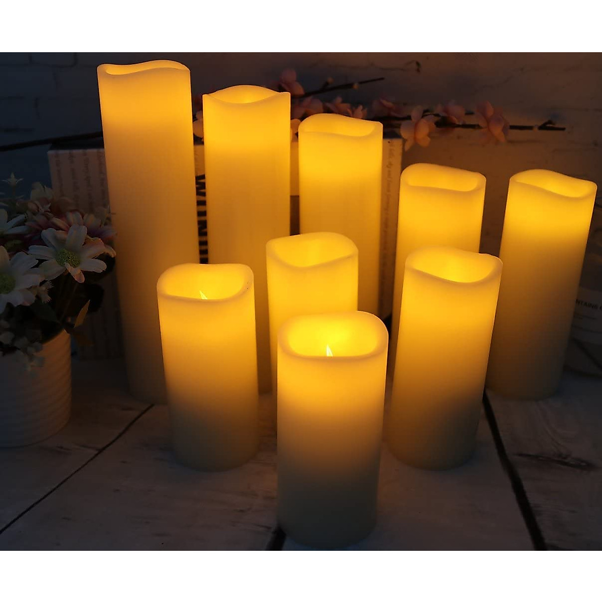 antizer Flameless Candles Led Candles Pack of 9 (H 4" 5" 6" 7" 8" 9" x D 2.2") Ivory Real Wax Battery Candles with Remote Timer