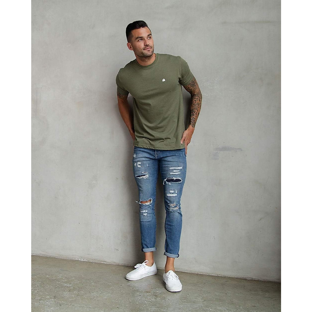 INTO THE AM Men's Fitted Crew Neck Logo Basic Tees - Modern Fit Fresh Classic Short Sleeve T-Shirts for Men (Olive Green, Large)