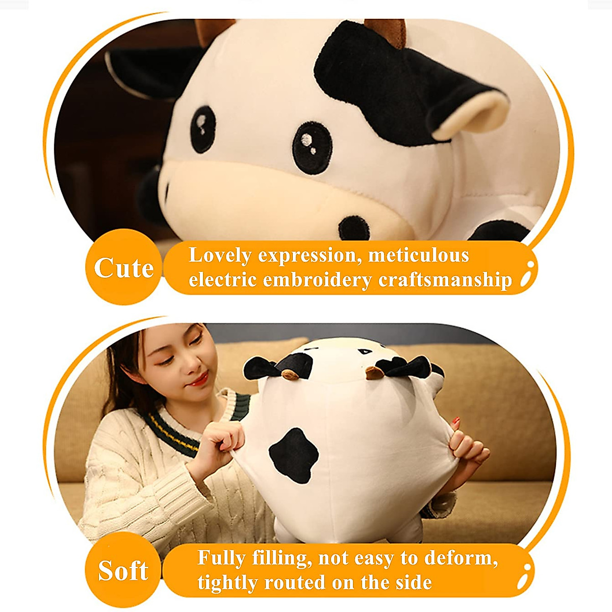 WUYU Cow Plush Pillow, Adorable Stuffed Animal Plush Toy, Soft Cow Hugging Pillow for Kids Boys Girls (Round Eyes,13.7in)
