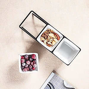 UNICASA Square Ramekin Bowls 10 oz, Condiment Serving Tray with Metal Rack Stand - Chips and Dips Snack Tray for Party - White Side Dish for Appetizer, Fruit, Nuts, Ice Cream, Candy