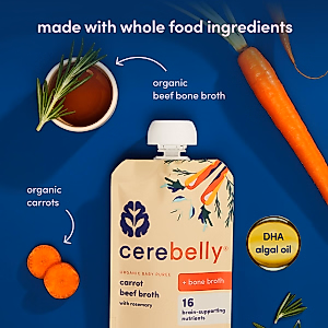 Cerebelly Organic Baby Food Pouches – 6+ Months Organic Beef Bone Broth Pouches | Protein, Healthy Fats, Non-GMO | Toddler Pouches | 4 Ounce BPA-Free Pouches | Carrot Beef Bone Broth | 6 Count