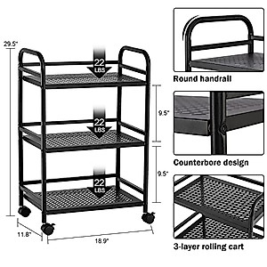 HDANI 3 Tier Rolling Cart,Heavy Duty Multifunctional Metal Frame-Supports 40 Lbs Per Tier,Rolling Cart with 2 Lockable Wheels for Office,Home,Bedroom,Kitchen,Bathroom (Black)