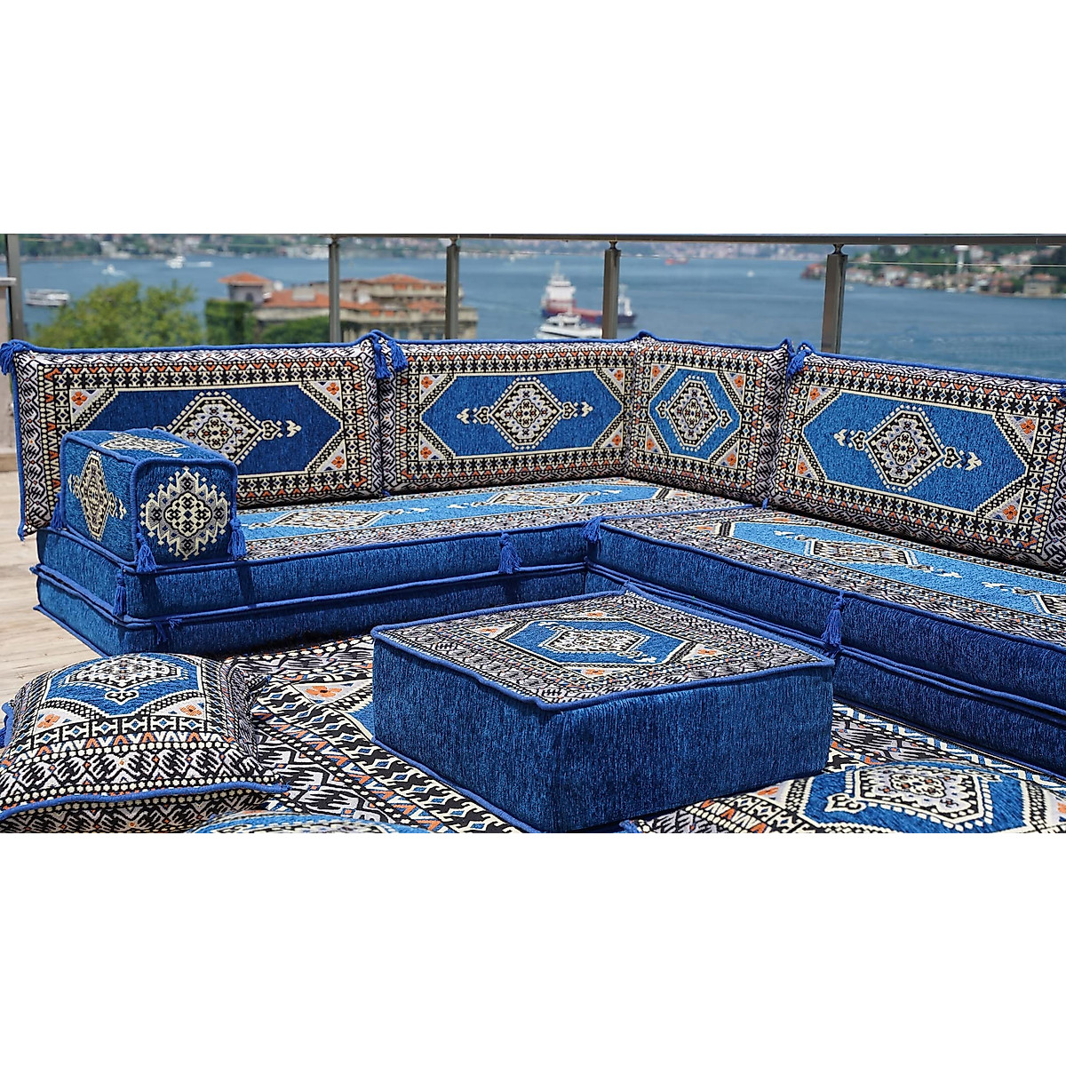 8'' Thickness L Shaped Royal Blue Sectional Sofas, Arabic Floor Sofa Set, Garden Pallet Sofa, Poufs Turkish Floor Sofa, Outdoor Sofa, Sofa Covers (L Sofa + Rug + Poufs)