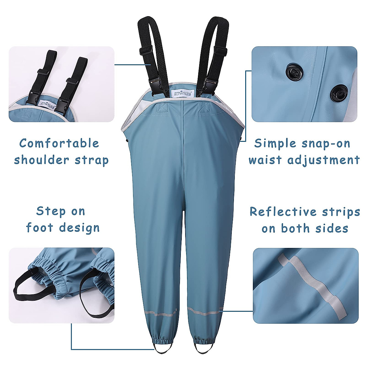Kids Waterproof Rain Pants Dirty Proof Suspender Trousers for Boys and Girls Pale Blue M (for 3-4T)