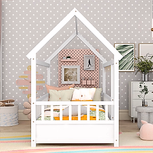 Kids Montessori Bed Twin Size, Twin Floor Bed with High Fence, House Bed for Kids, Girls, Boys, Wood Montessori Floor Bed Without Slats(White Twin)