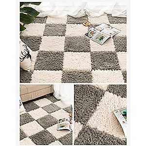 10 Pcs Thickened Plush Foam Interlocking Floor Mat, Fluffy Square Interlocking Foam Tiles, Soft Anti-Slip Puzzle Area Rug Playmat for Room Floor(Color:Purple+White)