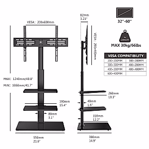 FITUEYES Floor TV Stand for 32 39 40 43 49 50 55 60 Inch TVs, TV Floor Stand with Swivel Mount, Max Holds 66lbs, White Glass Base, Height Adjustable TV Mount for Corner & Bedroom (With 2 Shelf, Black)