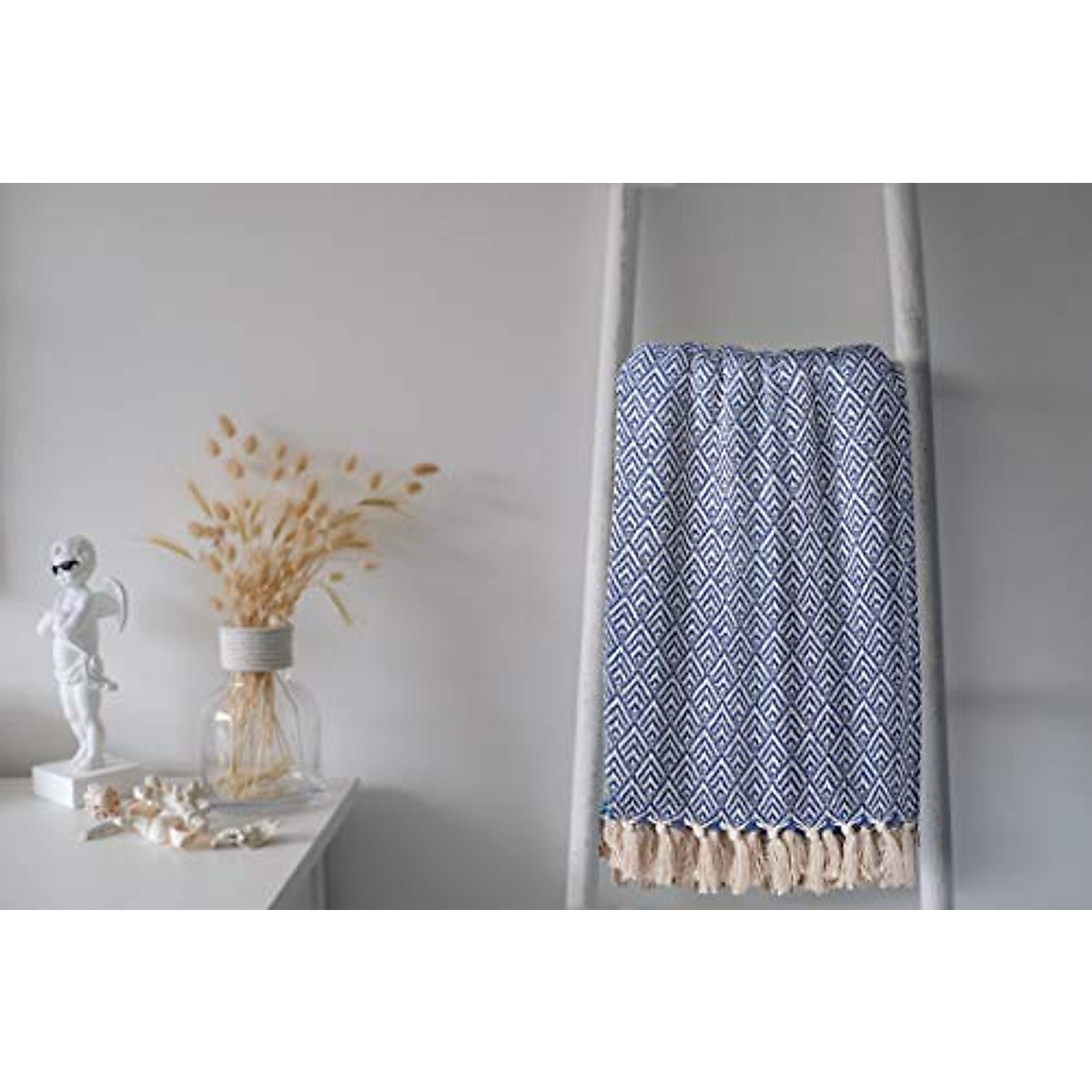 Cotton Chevron Decorative Blue Throw Blanket | Decorative Lightweight Sapphire Beige Geometric Pattered Textured Blankets with Fringe | 65x50 Inch | Sofa Couch Bed Chair Living Room Decor Picnic Beach