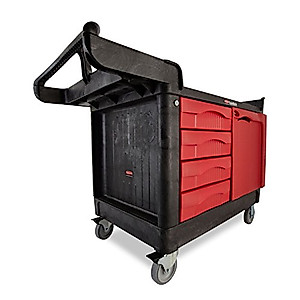 Rubbermaid Commercial Products Trademaster 4 Drawer Mobile Work Center with Cabinet, 49 inch L x 27 inch W x 28 inch H, Black/Red (FG453388BLA)