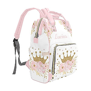 Yeshop Pink Floral Gold Crown Princess Personalized Diaper Bag Backpack Tote with Name,Custom Travel Nappy Mommy Bag Backpack for Baby Girl Boy Gift,10.83 Inch * 6.69 Inch * 15 Inch