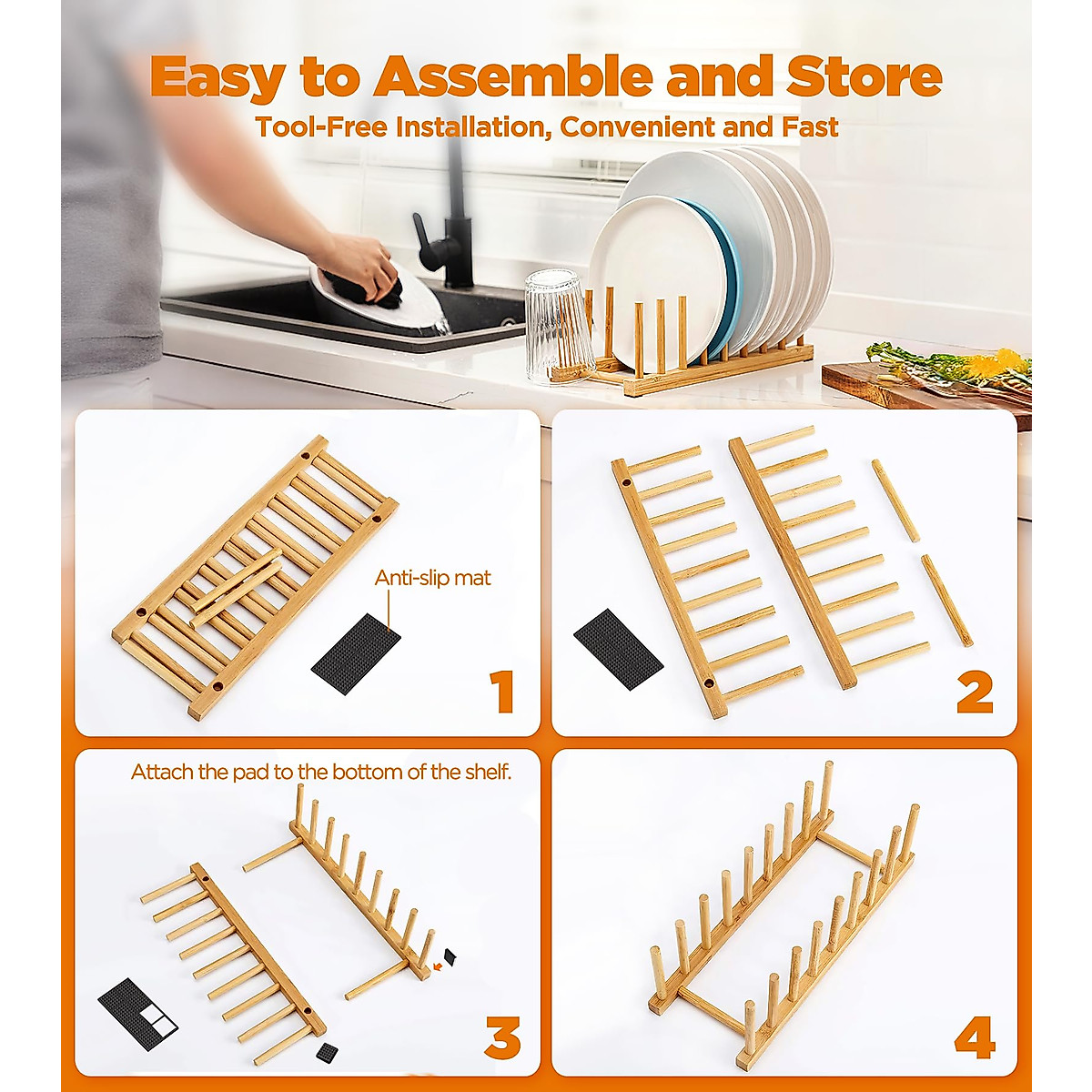 RISHTEN Bamboo Dish Drying Rack, 2 Pack Wooden Storage Holder Organizer for Plate/Bowl/Cup/Book/Pot/Lid/Cutting Board Drying Rack Stand Holder