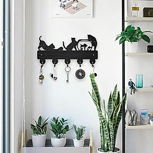 BEUNITONE Cat Wooden Key Holder Animal Key Hanger 11.8x7.9 Cat Fish Decorative Key Holder Rack Wall Mounted Wood Key Display Holder with 5 Hooks and Screws for Entryway Kitchen Hallway Office