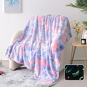 Yaning Glow in The Dark Butterfly Blanket, Soft Cozy Cute Fluffy Luminous Blanket for Kids Girls Teens Gift, Purple, 50x60 inches