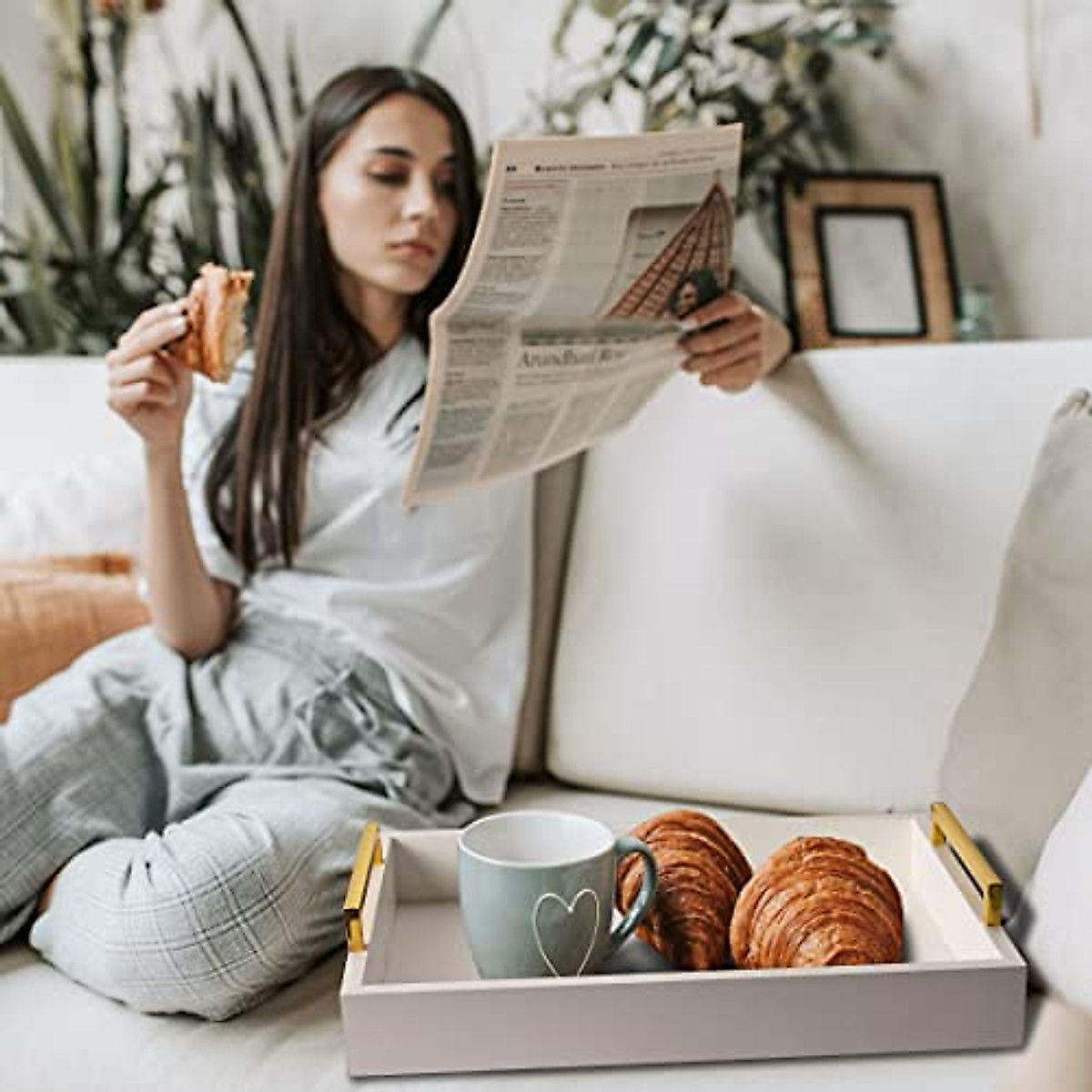 Hanobe White Decorative Trays for Coffee Table MDF Large Ottoman Tray for Living Room Bathroom Coffee Bar Decor Modern Tray with Gold Handles (White, 1)