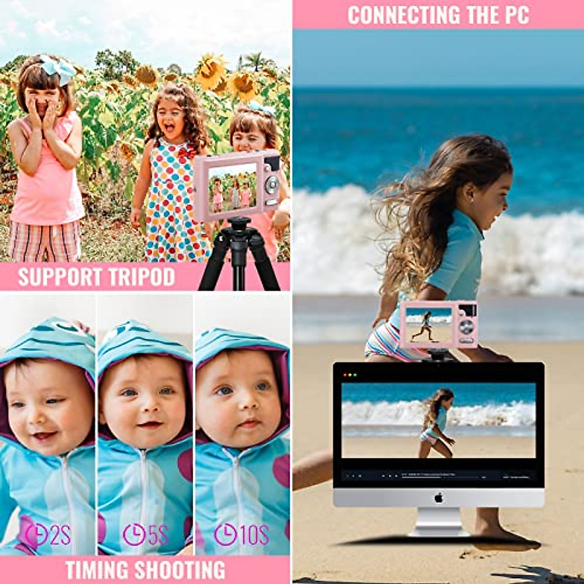 48MP Kids Digital Camera for Girls, Childrens, Teens, Adults, 4-15 Years Old Beginners with 16X Zoom 4K Compact Digital Video Camera Mini Students Camera with Macro -Altruewit (Pink)