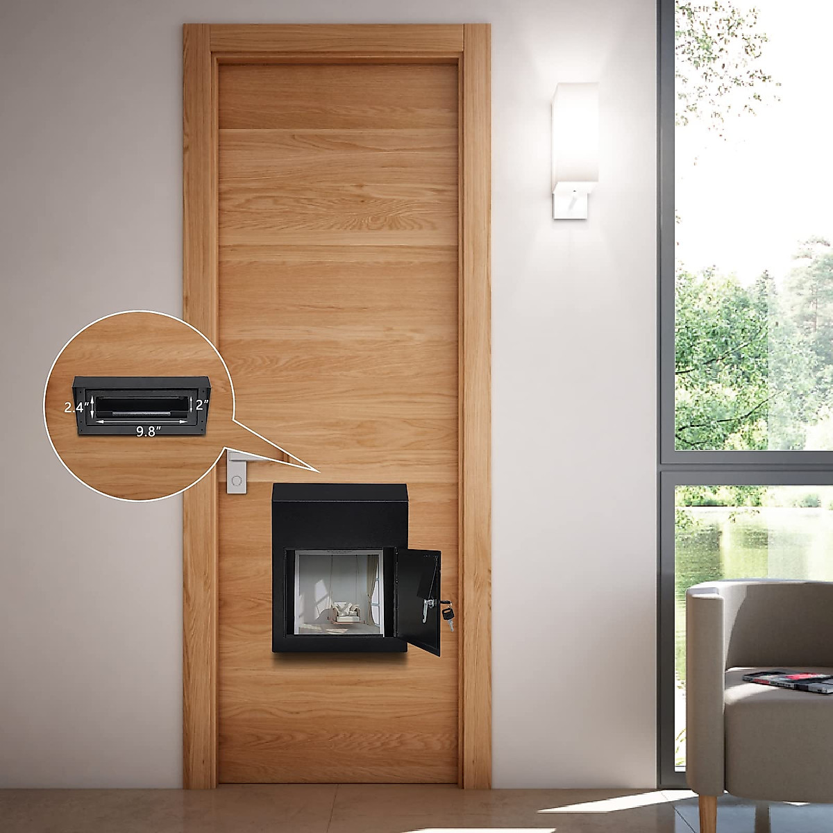 xydled Door Drop Box for Mail, Heavy Duty Mail Boxes with Key Lock,15''x12''x6'',Locking Metal Mailbox Door Mounted,Through The Door Safe Locking Drop Box, Black Upgrade