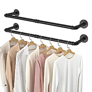 Elibbren 2 Pack Clothing Rack Wall Mount, Industrial Pipe Clothing Rack 38.4IN, Hanging Clothes Rack,Heavy Duty Iron Garment Rack Bar for Closet,Laundry Room, Multi Purpose Hanging Rod,Black